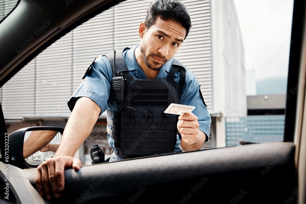 Car, drivers license or police officer in city to check info for law ...