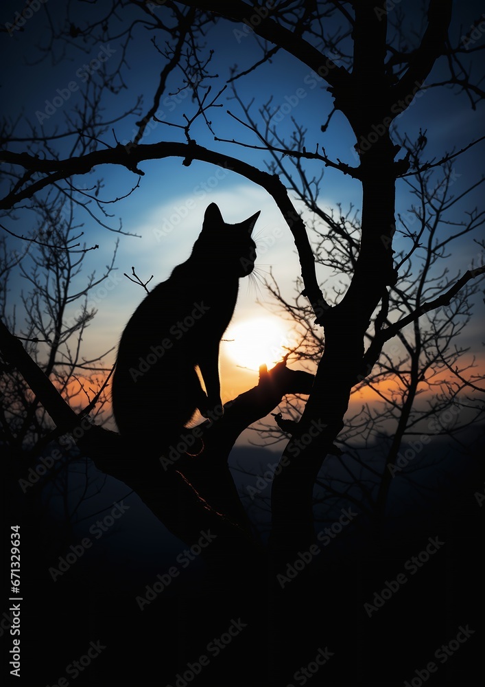 kitty cat sitting tree branch sunset black background lookout tower ...