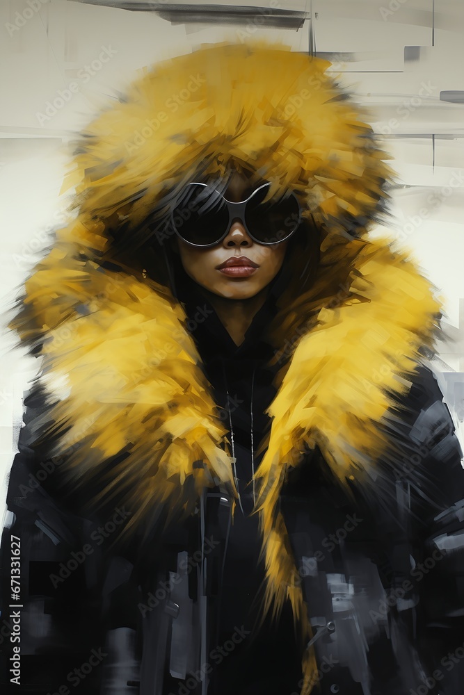 woman wearing black yellow jacket furry modern occultist matte sketch ...