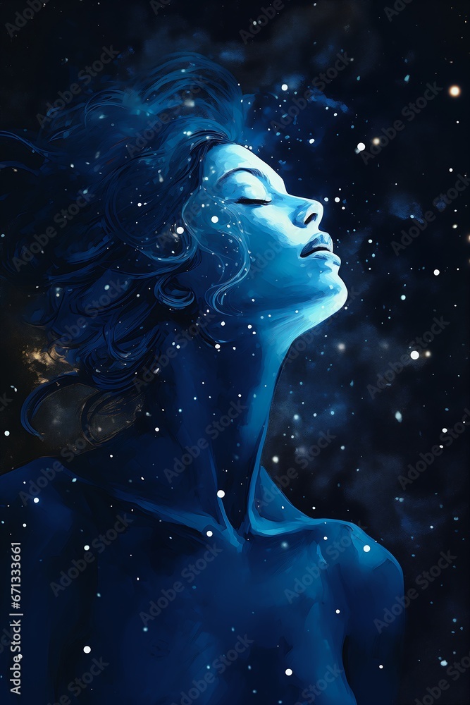 woman blue skin hair snow tranquility endless stars depicted face ...