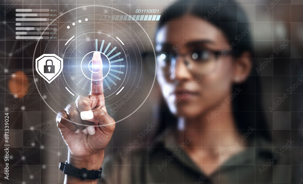 Woman, fingerprint scan and biometrics for futuristic cyber security on ...