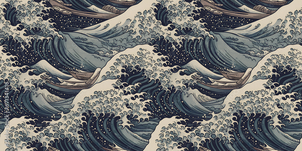 Illustration of The Great Wave off Kanagawa seamless pattern. Good for ...