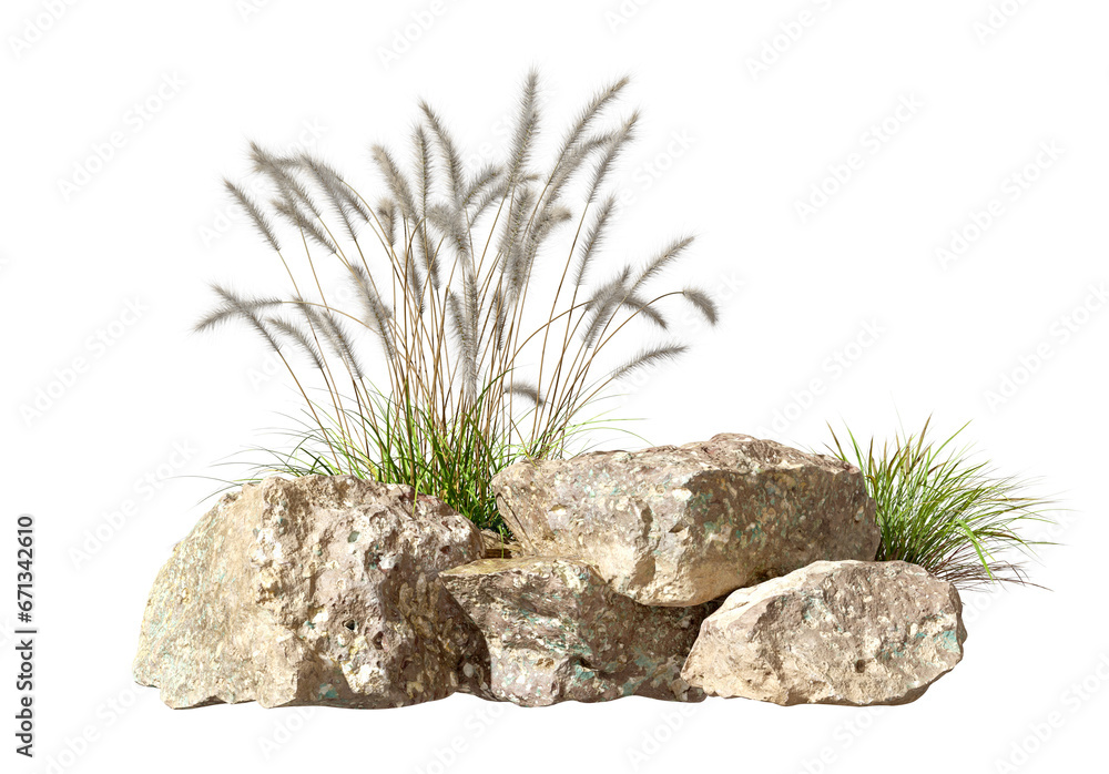 Weed with rocks composition layout on transparent backgrounds 3d ...