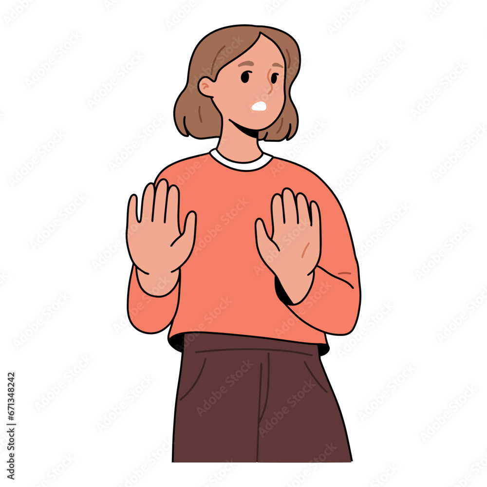 Wary girl gesture stop palm hand show denial rejection negative sign ...