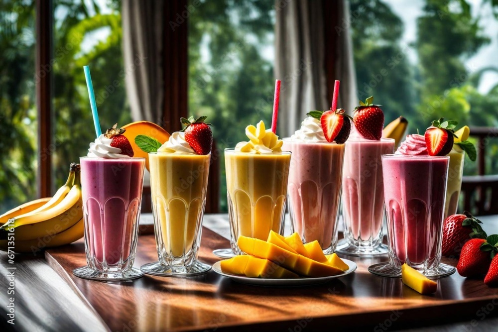 Banana shake in the glass, apple shake in the glass, mango shake in the ...