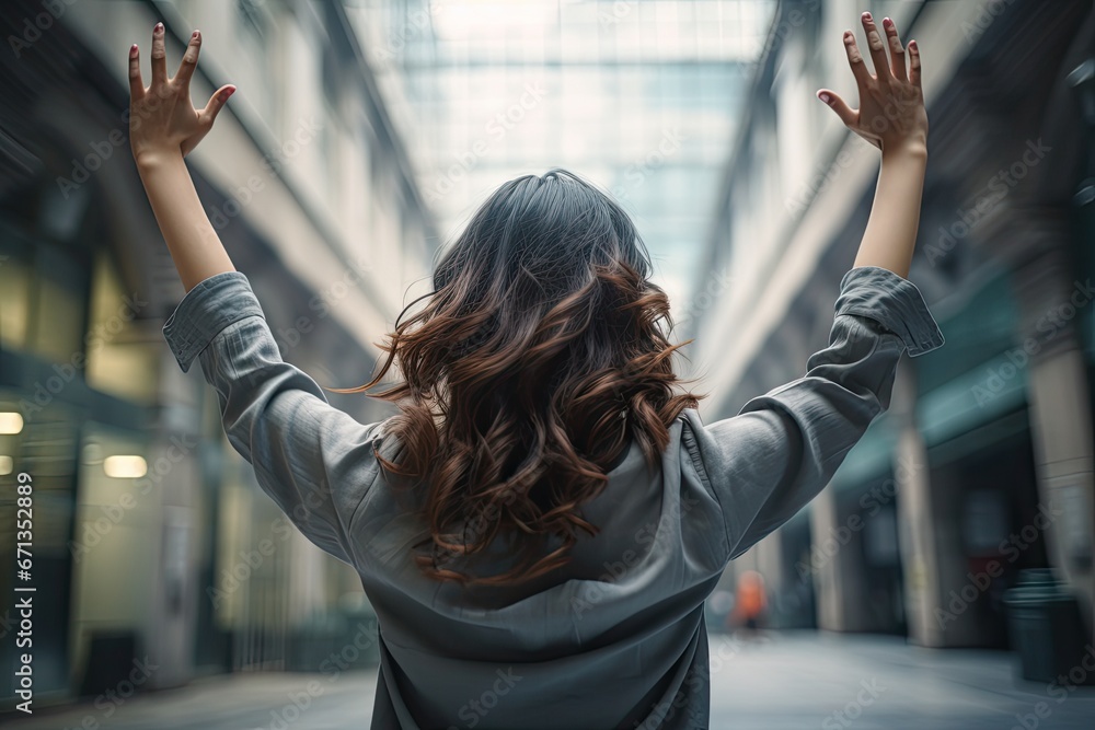Rear view of young business woman with hands up in the city, Young ...