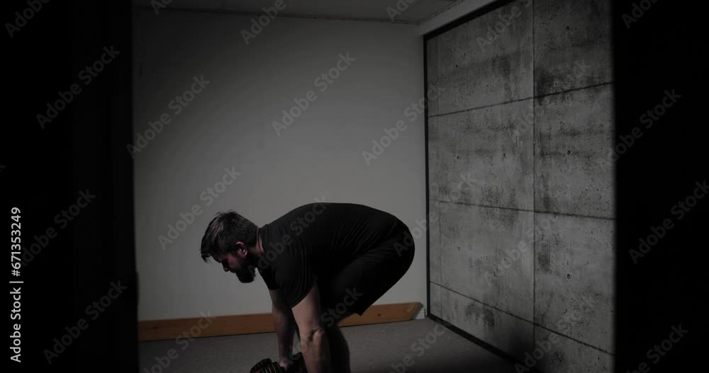 Dumbbell Romanian deadlift, cinematic lighting, white man dressed in ...