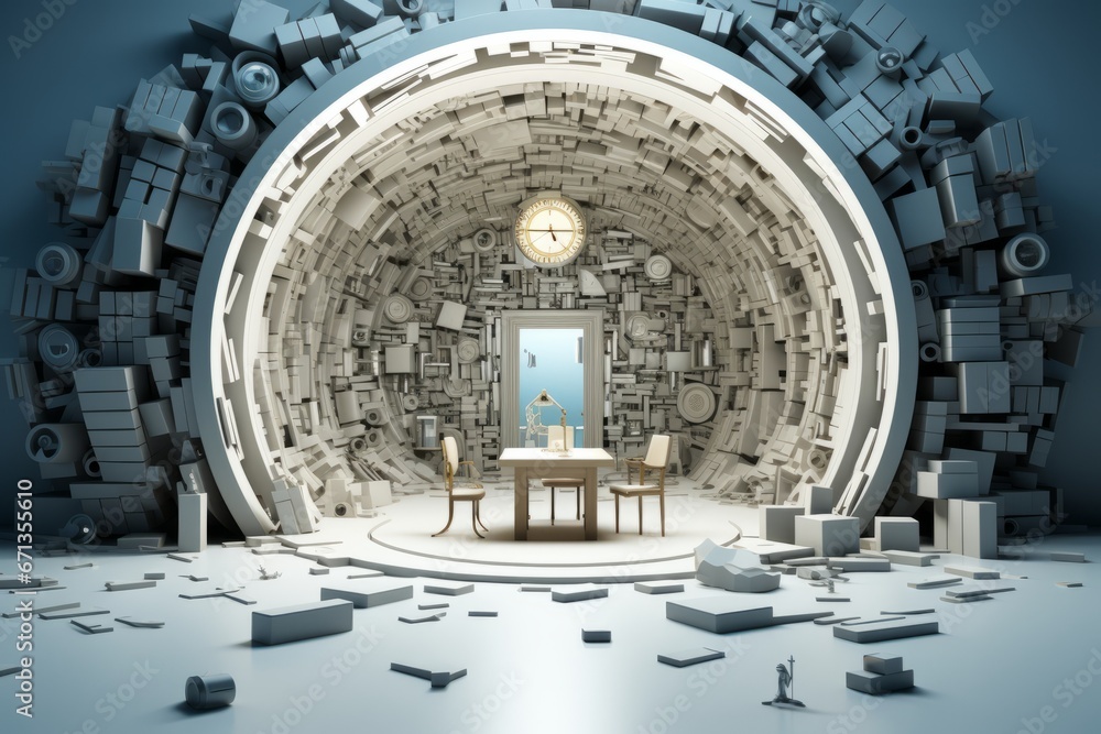 Mysterious secret chamber behind a hidden door, slowly swinging open to ...