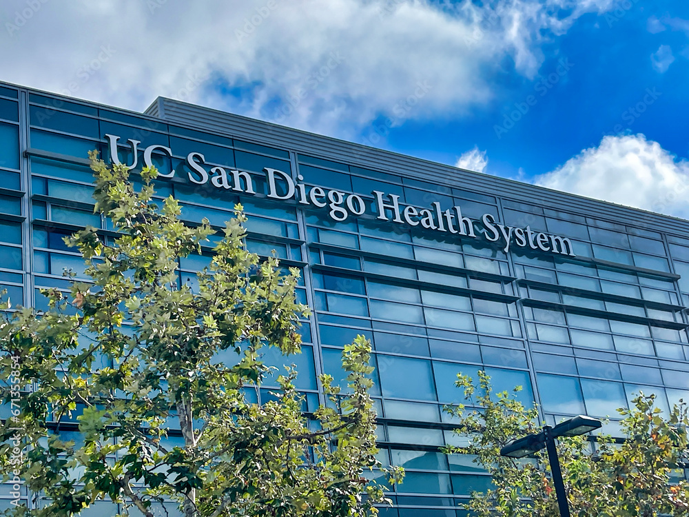 View of the UC San Diego Health System sign on the glass building in La ...