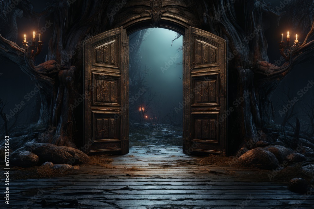 Spooky haunted house door ajar, offering a peek into a dim and eerie ...
