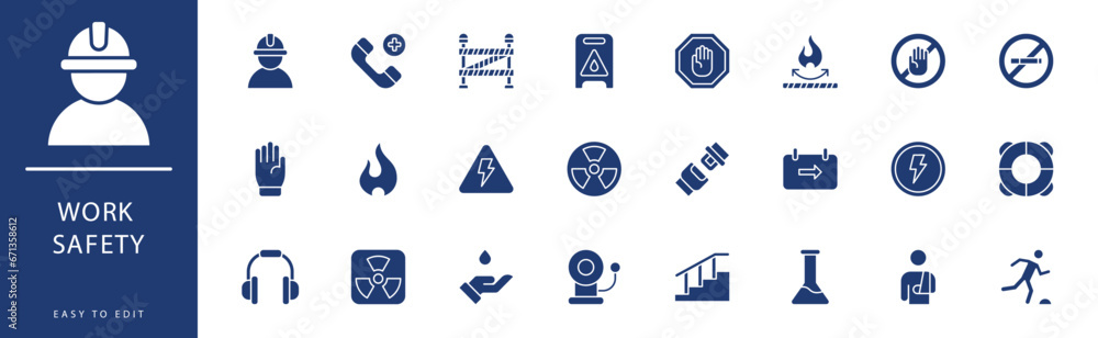 Work Safety icon collection. Containing Handrail, Head Protection ...