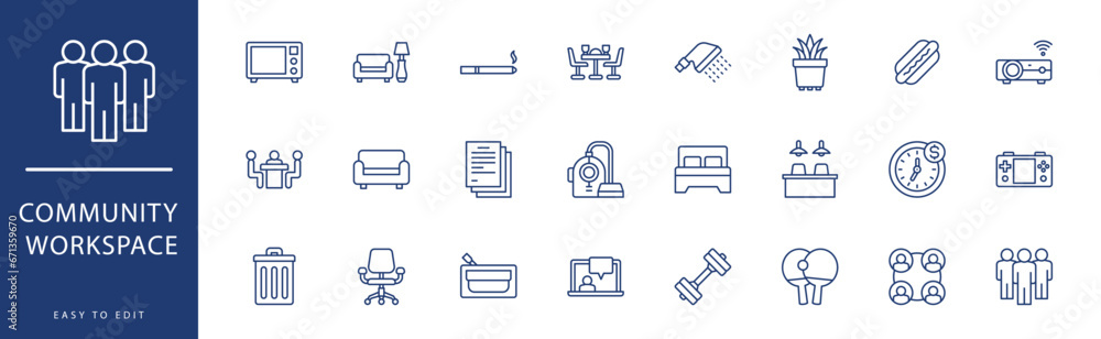 Community workspace icon collection. Containing Furniture, Game Console ...