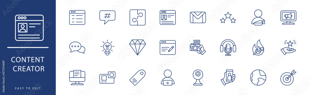 Content Creator icon collection. Containing Live Streaming, Magnet, Man ...