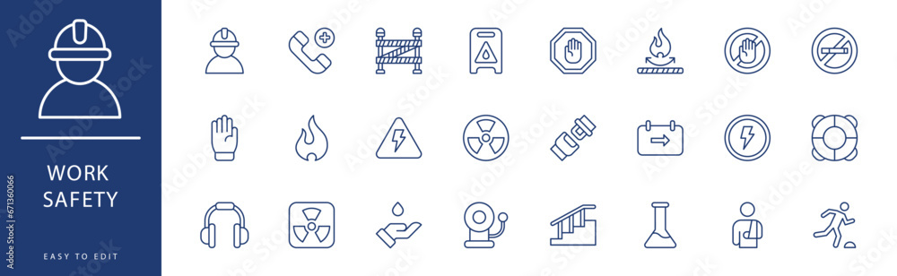 Work Safety icon collection. Containing Handrail, Head Protection ...