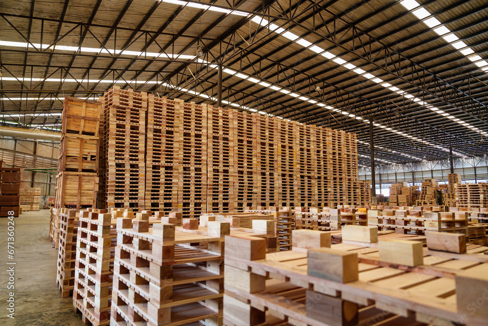 Stock of wooden pallets or wood trays for manufacturing factory cargo ...