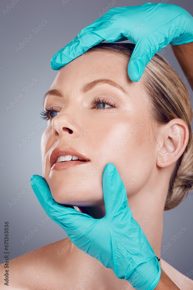 Woman, studio and surgeon hands for cosmetic surgery, facial ...
