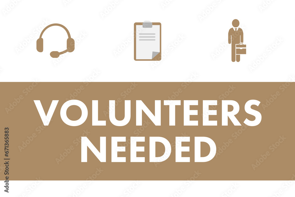 Digital png illustration of brown volunteers needed text and shapes on ...