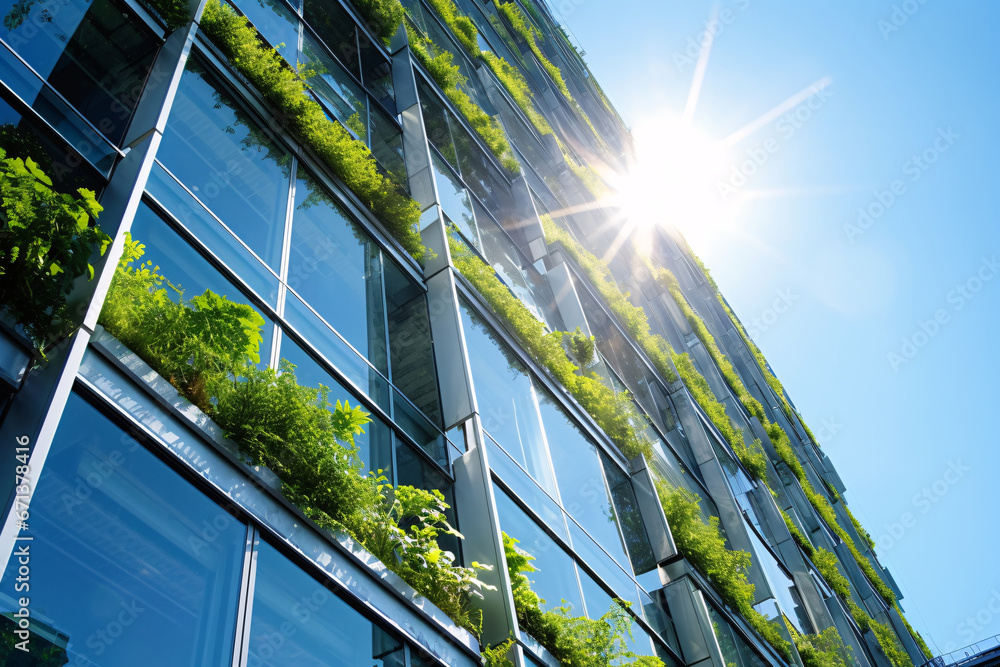 Eco-friendly building in the modern city. Sustainable glass office ...