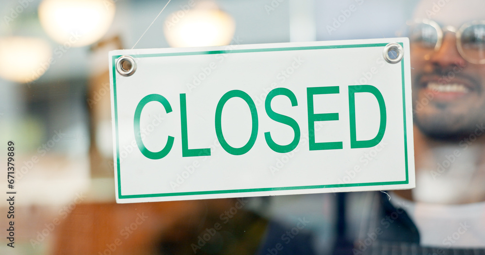 Storefront, small business or closed sign on window in coffee shop or ...