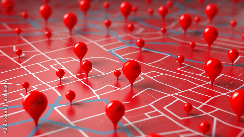 map with multiple red pins indicating locations in the city Stock ...