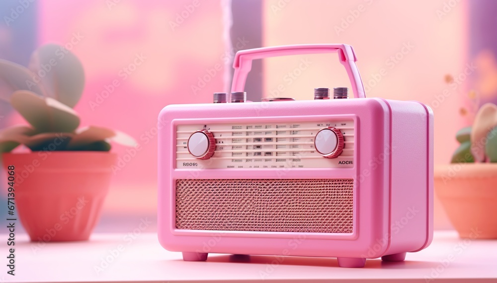 Cute pink portable retro radio. Stock Photo | Adobe Stock