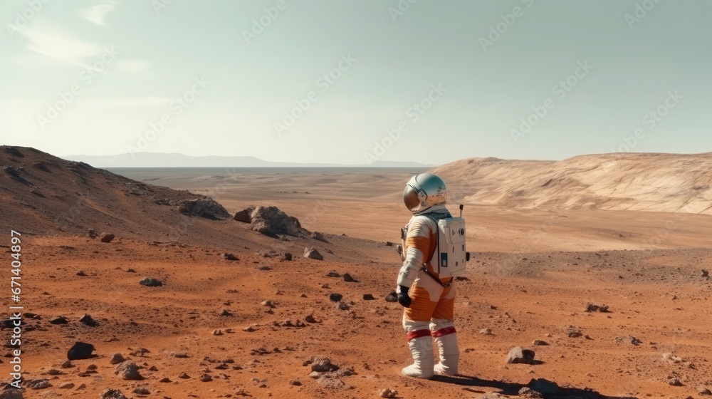 Astronaut in a spacesuit standing on Mars, Earth visible on the horizon ...