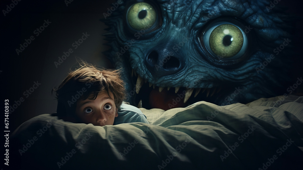 Frightened little boy lies awake in bed due nightmarish dream ...