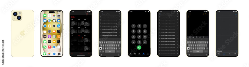 Golden Iphone 15 pro interfaces. Apple mockup. Front, back side of the ...