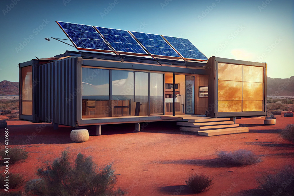 Residential house cottage made of cargo shipping containers. Solar ...