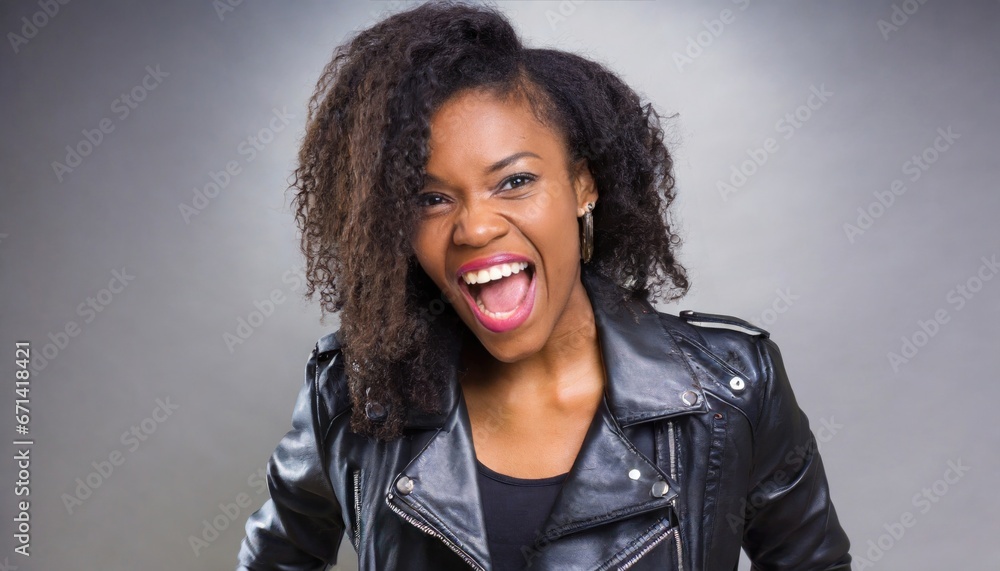 Portrait of a beautiful rocker woman in a black leather jacket on a ...