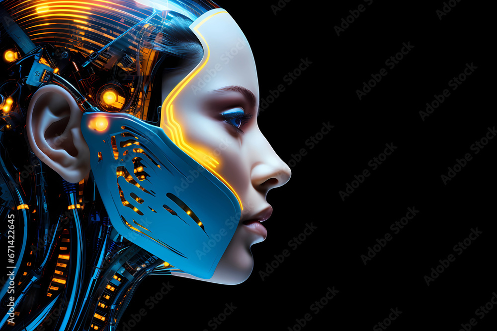 Side view of a humanoid head with blue and yellow eyes and vibrant neon ...