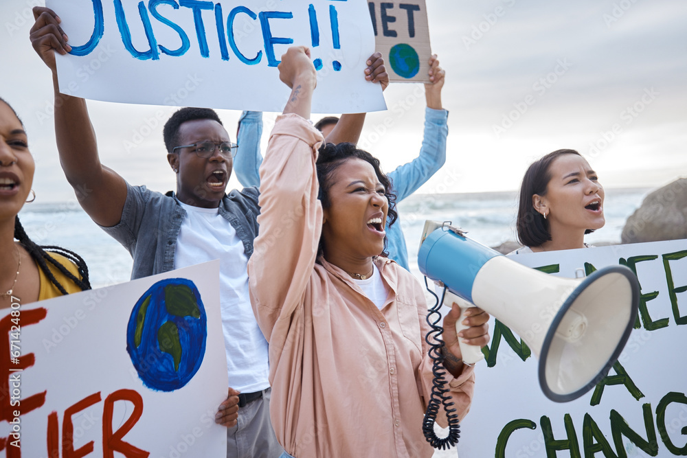 Climate change sign, megaphone and woman protest with crowd at beach ...