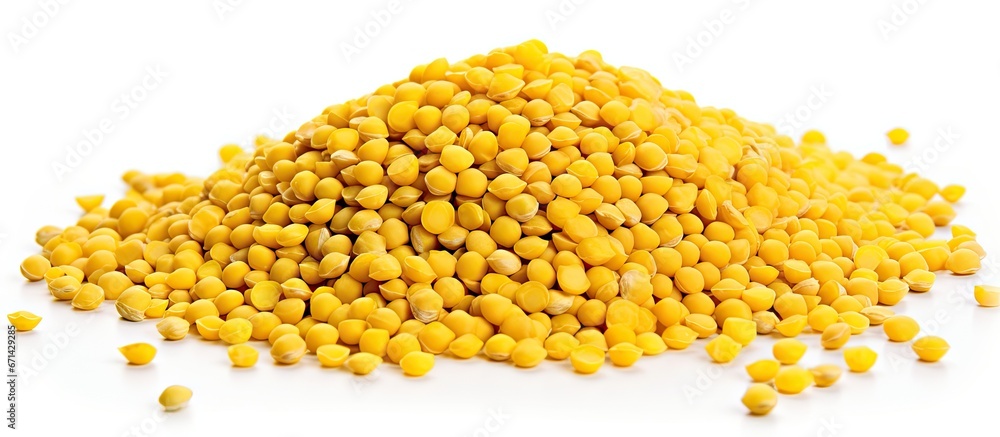 Separated on a white background are parched golden broken legumes Stock ...