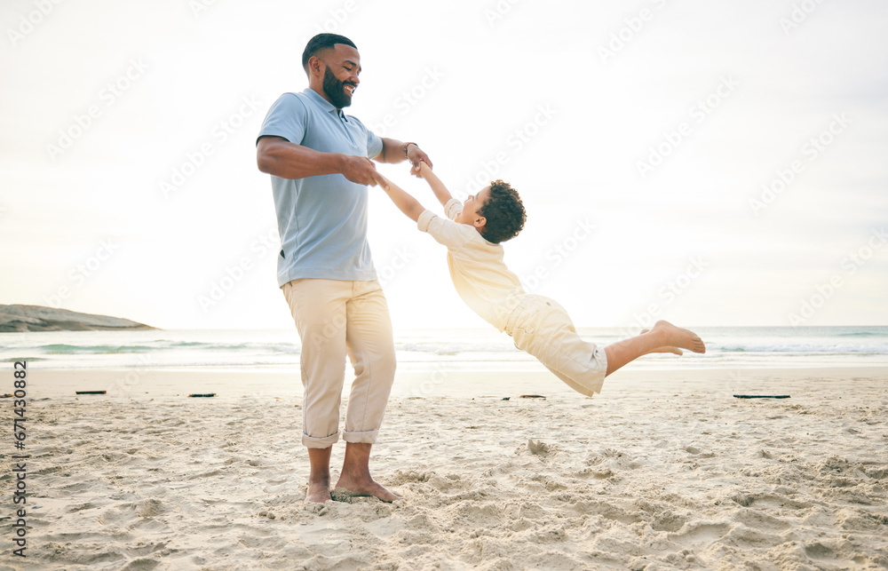 Freedom, father and boy child at a beach with swing, fun and game while ...