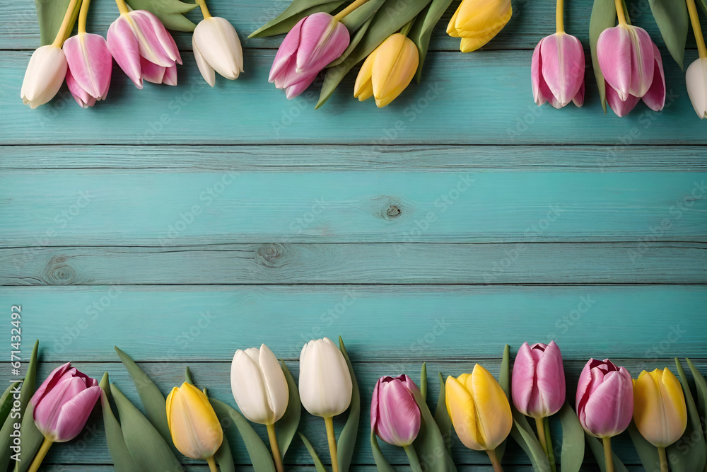 Frame of tulips on turquoise rustic wooden background Stock Photo ...