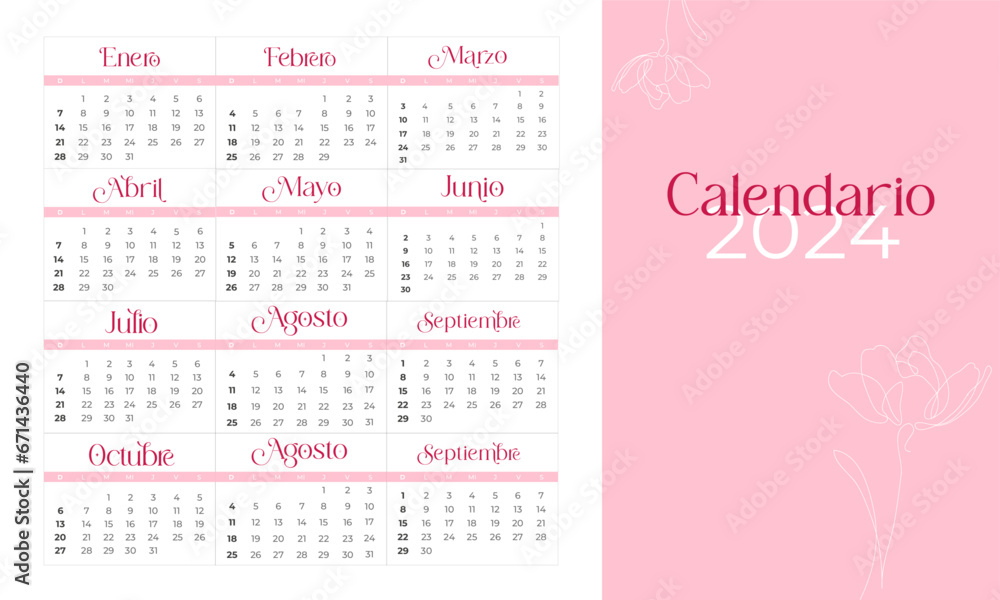 Calendario 2024, femenino, rosa, minimalista, meses en español Stock ...