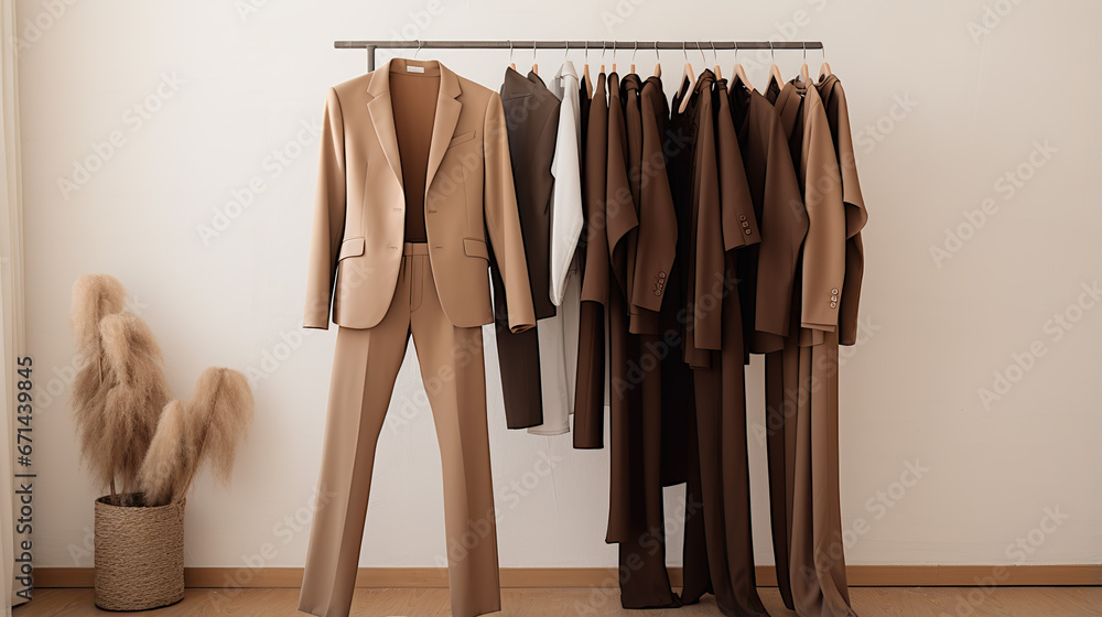 Men's suits hanging on a hanger in a dressing room. Stock Photo | Adobe ...