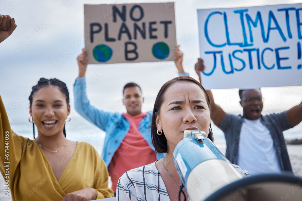 Megaphone, climate change protest and Asian woman with crowd at beach ...