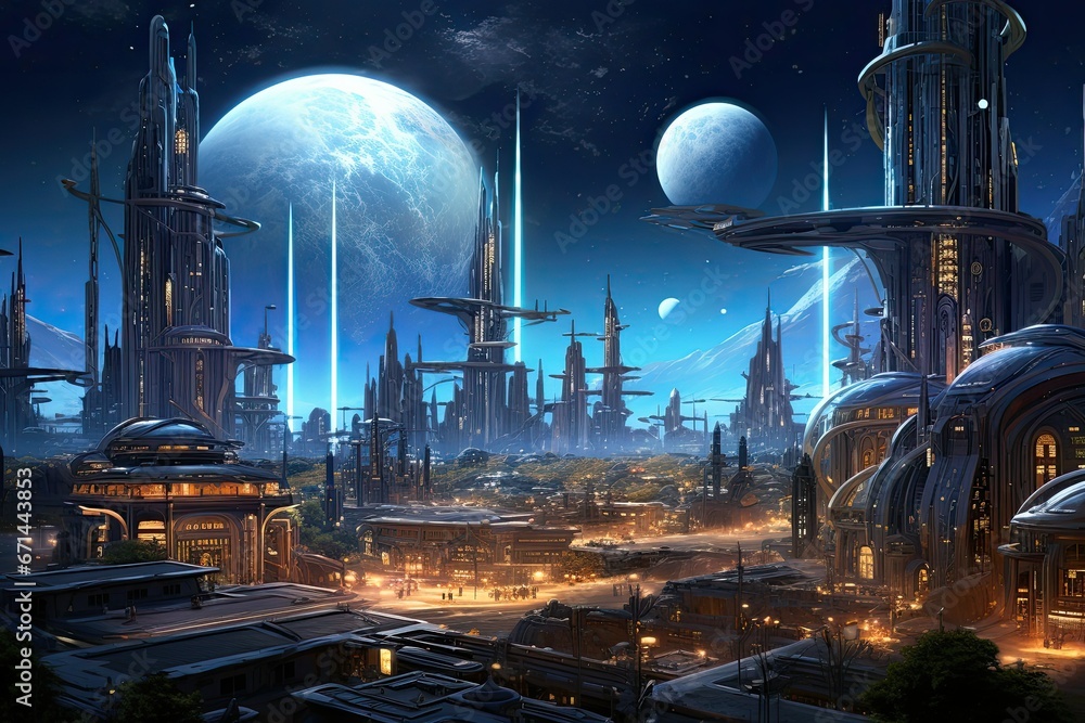 Fantasy alien city, 3D illustration, alien planet landscape. Space game ...