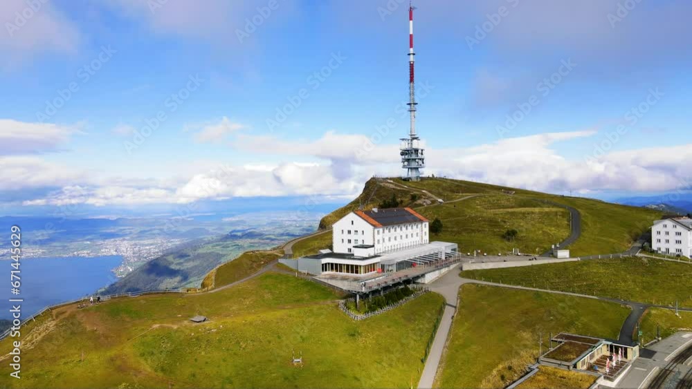 Panoramic aerial view of high altitude Rigi Kulm funicular station and ...