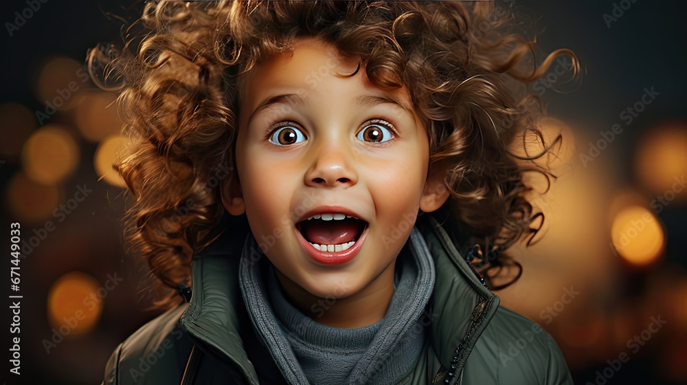 Wow look, advertise here! Portrait of amazed cute little boy with curly ...