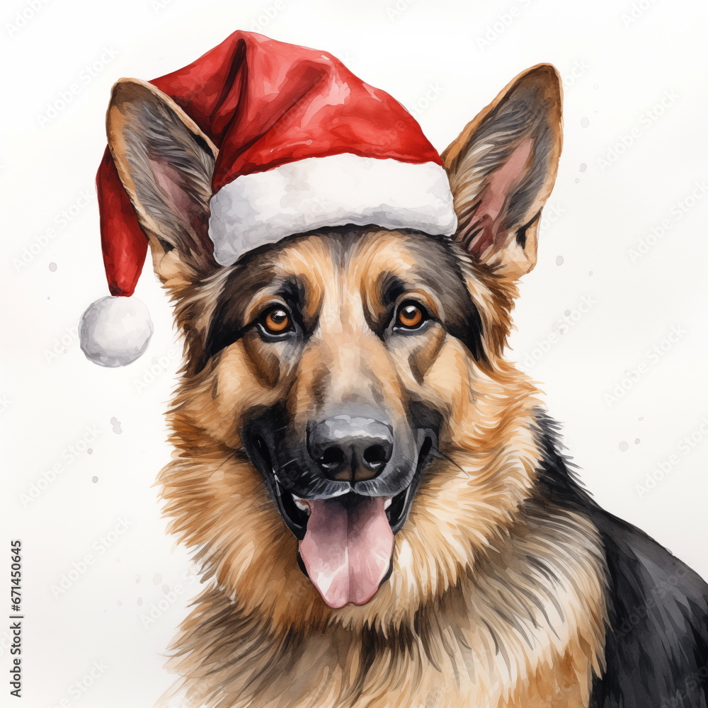 Watercolor painting of an adorable German Shepherd breed dog wearing a ...