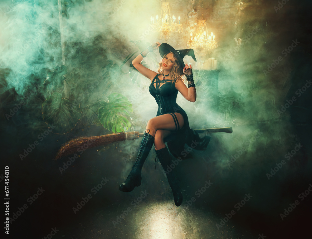 Art Photo Real People Levitation Sexy Witch Woman Sitting Flying On