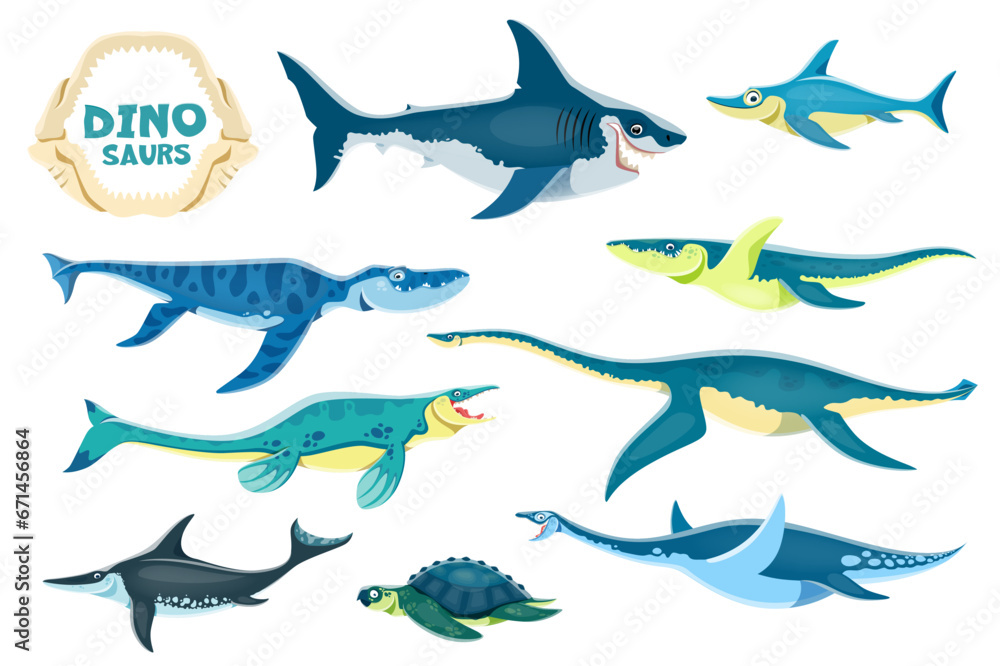 Cartoon aquatic dinosaurs cute characters. Megalodon Ophthalmosaurus ...