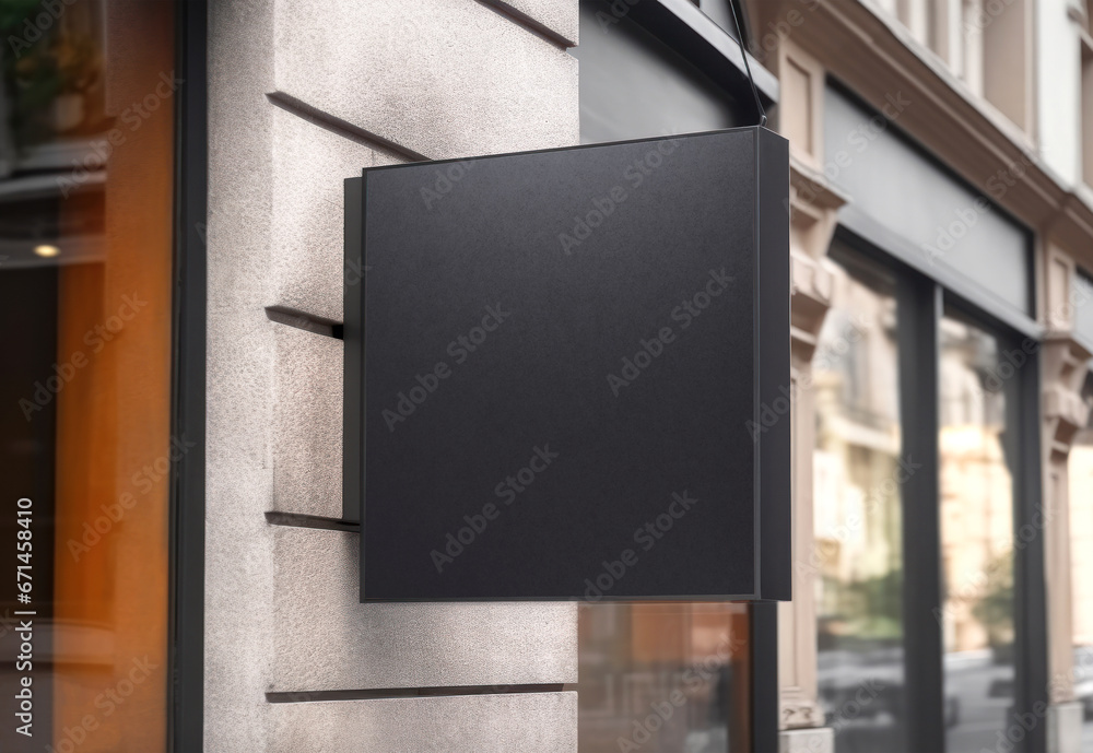Empty store sign mockup on shop wall. Signage in modern street ...