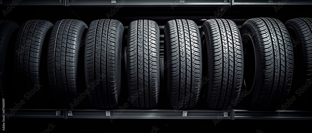 New beautiful tires pile on a warehouse background for car tire service ...
