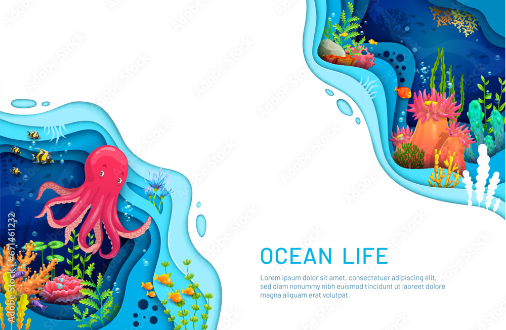 Cartoon sea paper cut banner landscape with octopus, seaweeds and ...