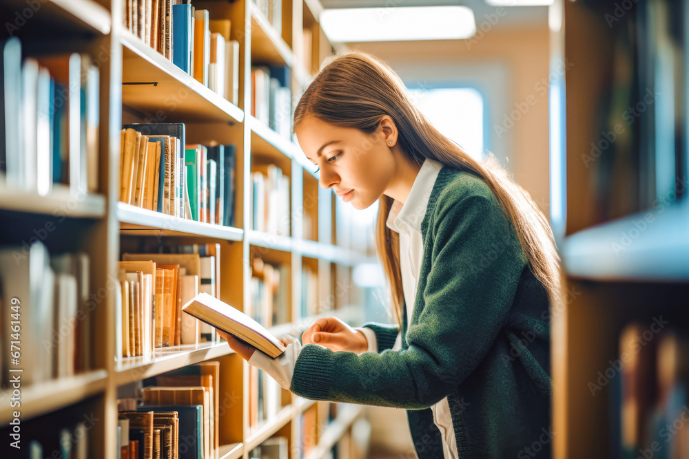 Beautiful young girl student searching and choosing books from ...