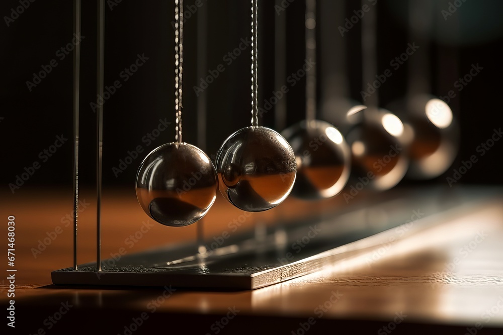 Newtons cradle wooden table circle. Transfer swing energy effect ...