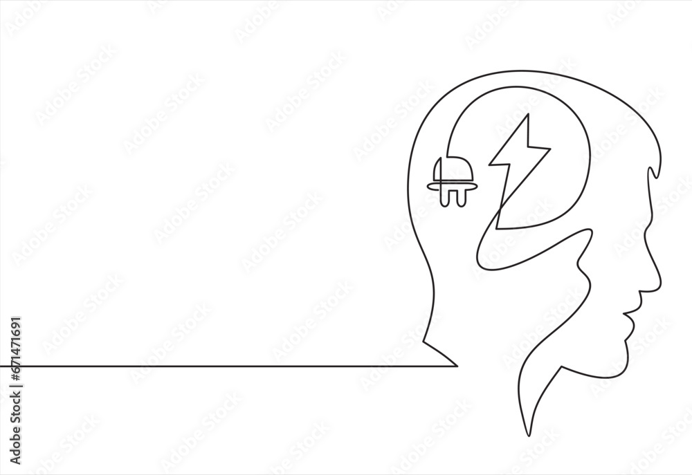 Continuous one line drawing of head person and brain with plug. Concept ...